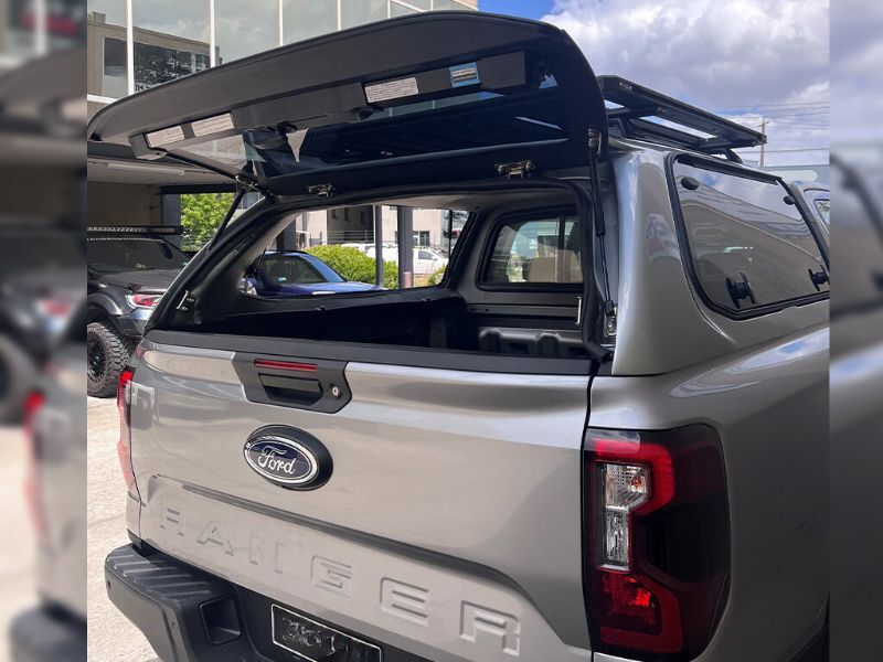 OCAM 4x4 Fibreglass Canopy for Ford Ranger Next-Gen, 06/2022+, Dual Cab Windows: Mechanical Lift Up,